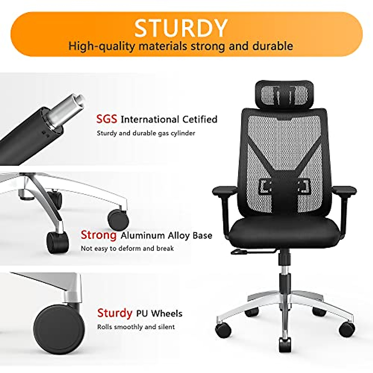 Ergonomic Office Chair, High Back Desk Chair, Adjustable Headrest with 3D Armrest Chair, Lumbar Support and Tilt Function with 120° Rocking Computer Chair for Home or Office