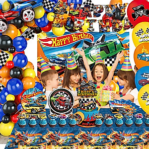 htwhvt 122 Pcs Hot Car Birthday Party Supplies,Included Banner,Backdrop,Tablecloth,Cake Topper,Cupcake Toppers,Balloon,Racing Car Tableware Set for Boy and Girl Wheel Party Decorations