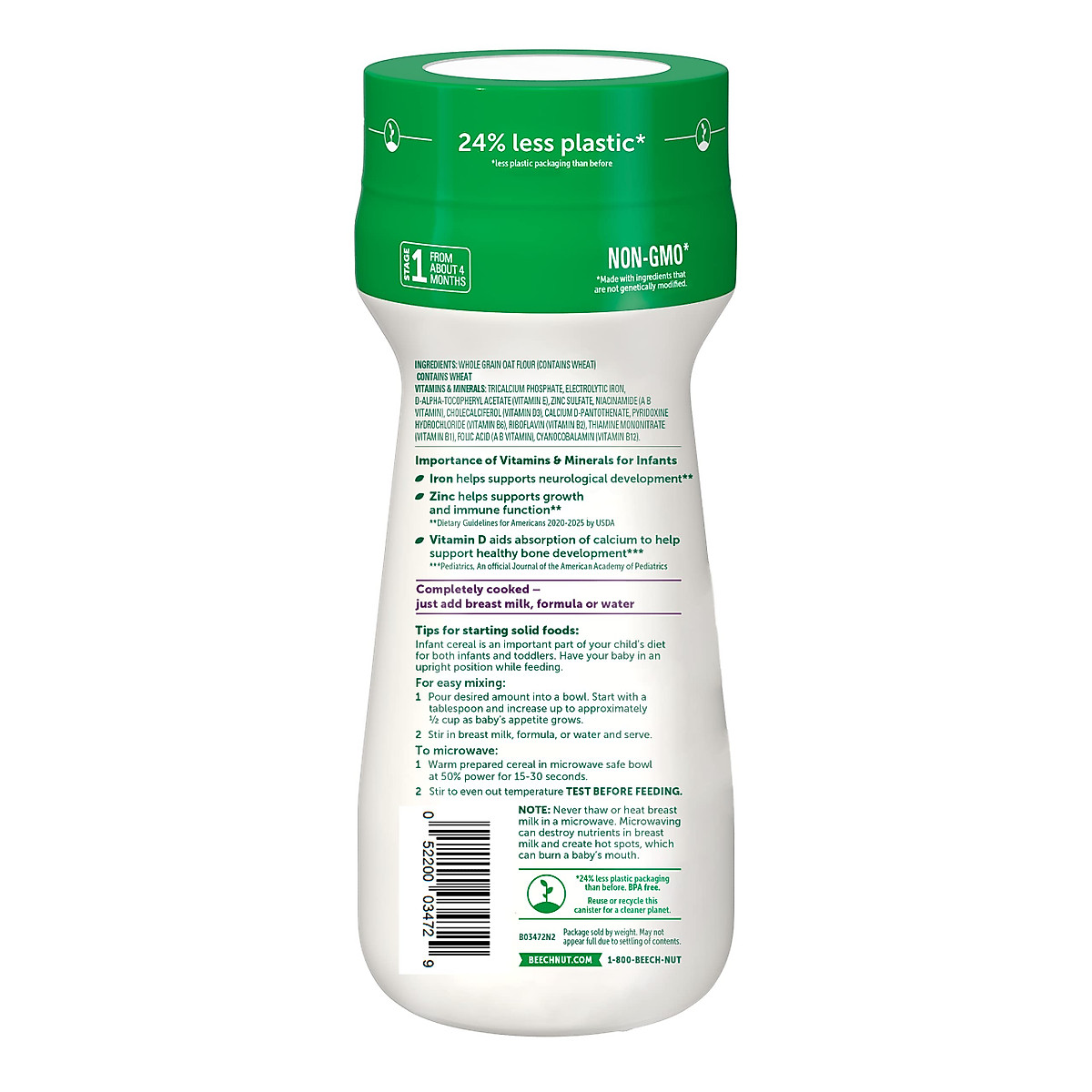 Beech-Nut Baby Cereal, Oatmeal Cereal Stage 1 for Infants, 8 oz Canister (6 Pack)