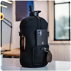 Hydro Gallon® - 1 Gallon Water Bottle Jug with Insulated Sleeve and Straw Lid, Handle, Time Marker, Pocket, Shoulder Strap. Daily Intake Leakproof BPA free Large Big Bottle Men. 128oz (Black)