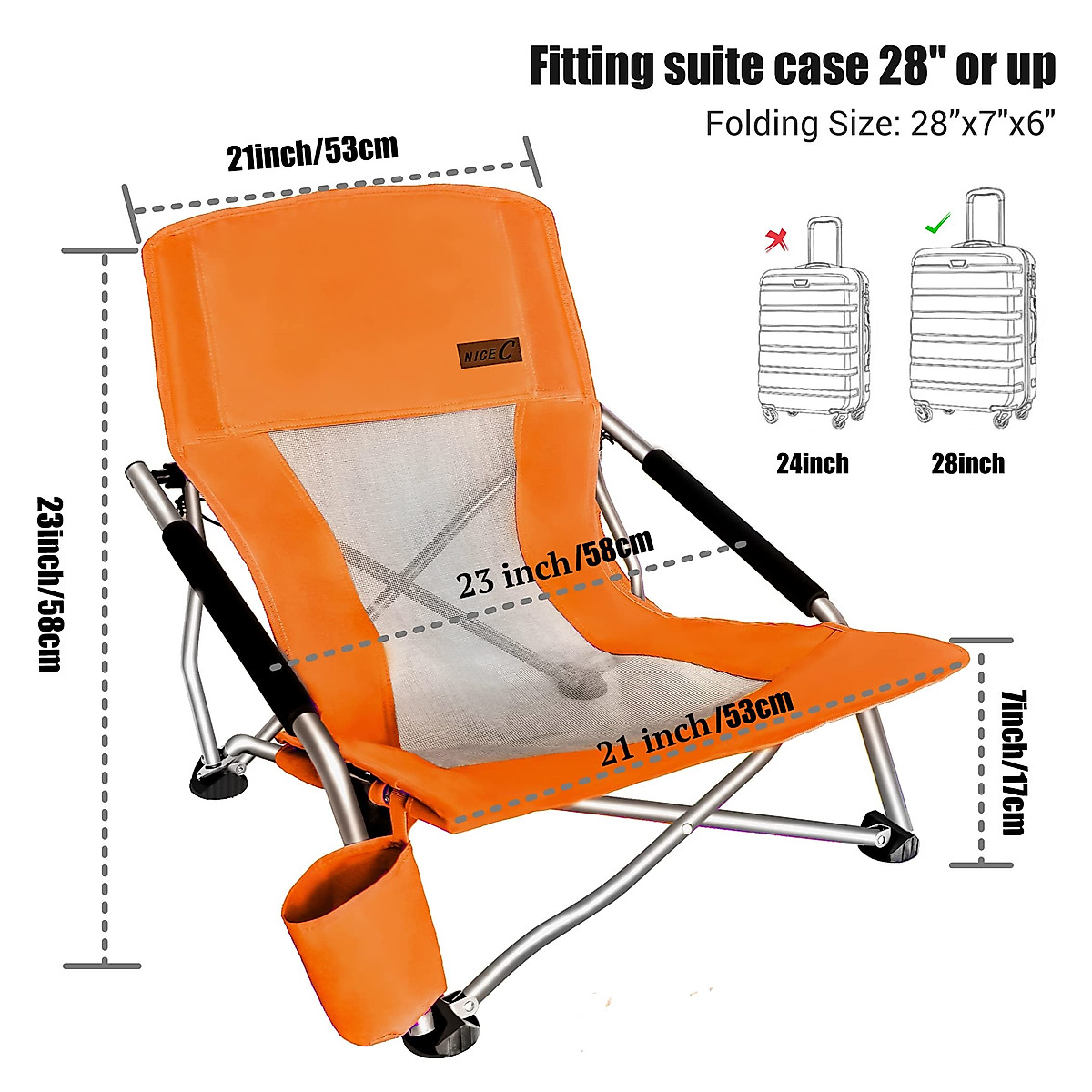 Nice C Chair for Beach for Adults 2 Pack, Low Chair, Sling, Folding, Portable, Concert, Kids, Boat, Sand Chair with Cup Holder & Carry Bag (Set of 2 Orange)
