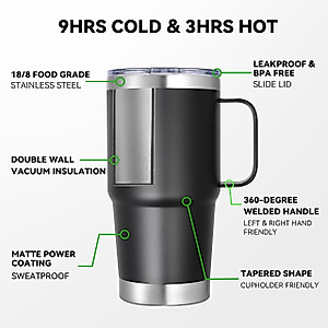 Abbrevi 20 oz Stainless Steel Tumbler with Handle Metal Insulated Coffee Travel Mug with Handle Double Wall Tumbler Cup with Lid and Straw, Black 1 Pack