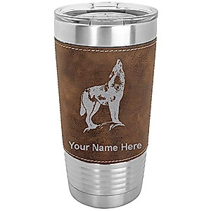 LaserGram 20oz Vacuum Insulated Tumbler Mug, Howling Wolf, Personalized Engraving Included (Faux Leather, Rustic)