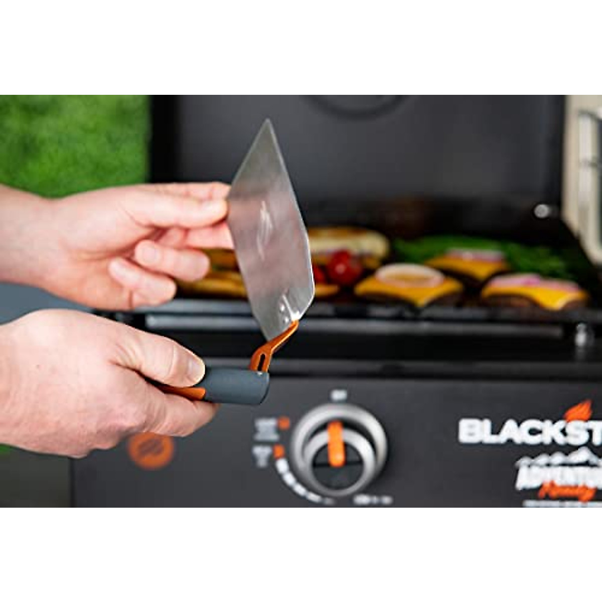Blackstone 5294 Foldable 2 Piece Hamburger Spatula Flipper and 1 BBQ Tong-Flex Fold Model Stainless Steel-Easy to Carry and Clean Griddle Accessories Tool Set, Black, Orange