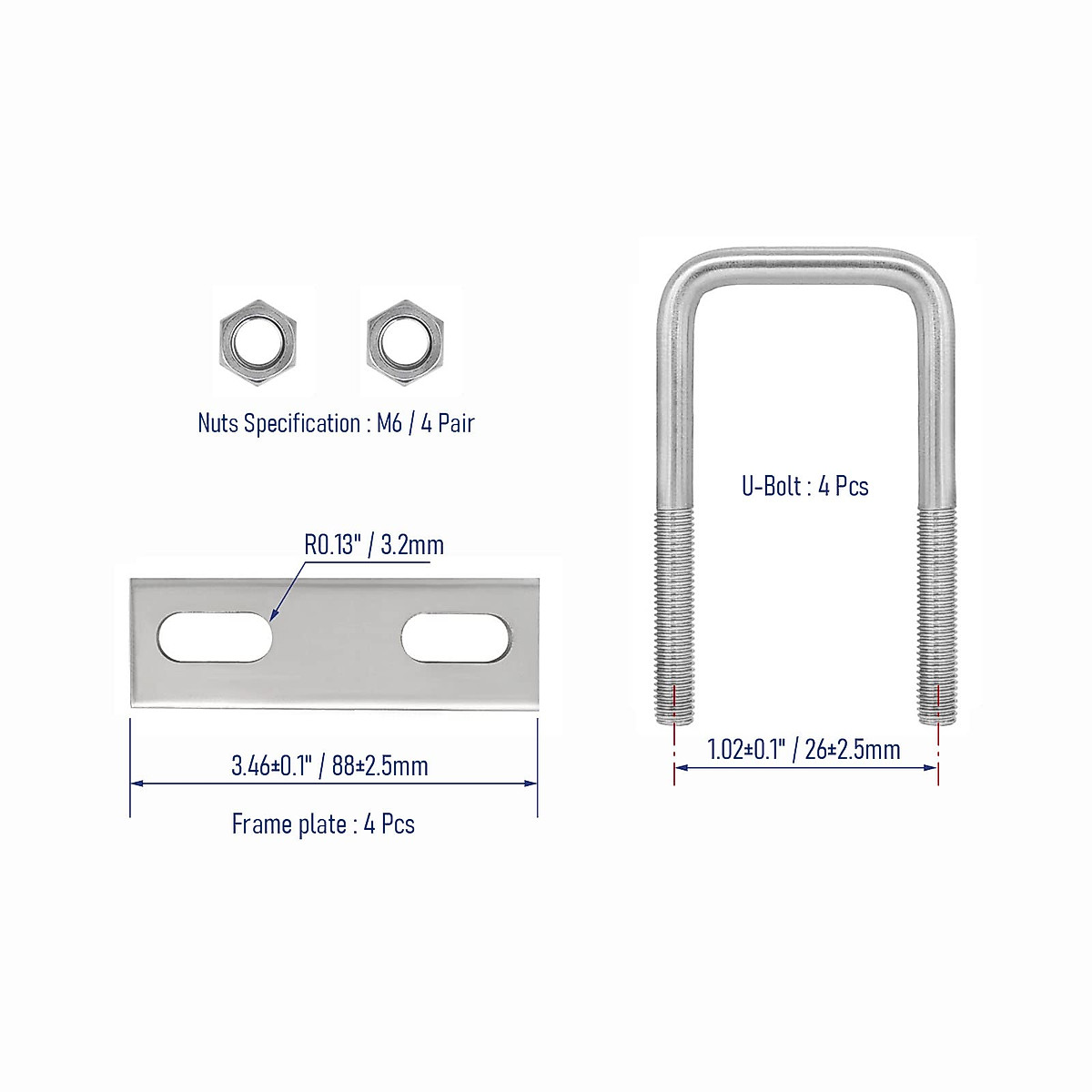 FOCMKEAS 4 Sets 304 Stainless Steel Square U-Bolts 2"(50mm) Inner Width, 3.15"(80mm) Length Stainless M6 with Nuts, Frame Plate, Accessories for Automobiles Trailer, Boat Trailer Industrial Parts