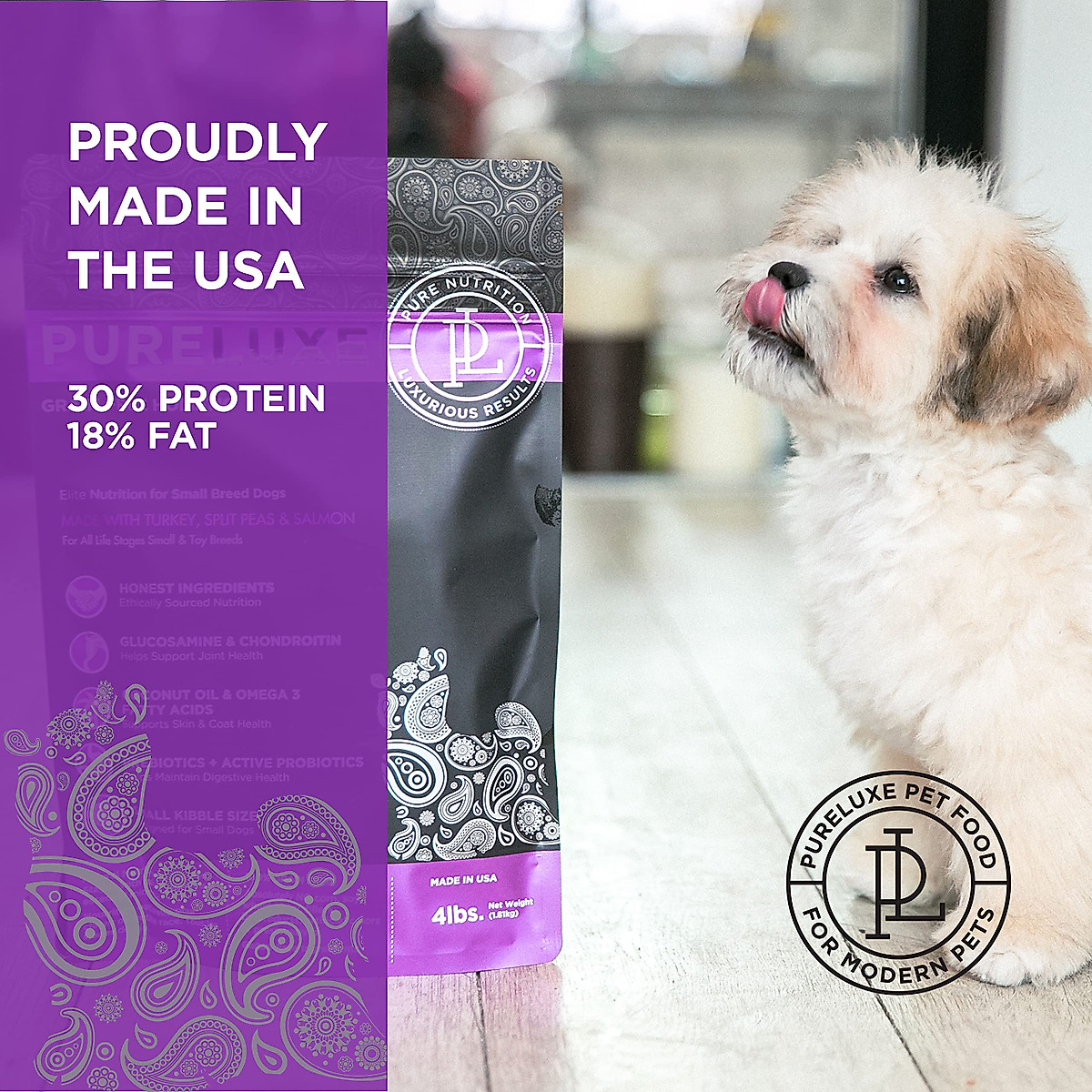 PURELUXE Grain and Gluten Free Dog Food, Turkey, Split Peas, and Salmon Elite Nutrition, for Small Breed Dogs at All Life Stages, Made in The USA, 11lbs