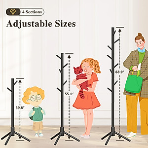 Z&L HOUSE Coat Racks Free Standing, Simple Solid Wooden Coat Tree, 8 Hooks and Adjustable Size Coat Hanger Stand, Used in the Office Bedroom Living Room to Hang Clothes, Hat, Bag Black