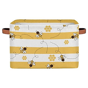 Storage Baskets with Handles, Bee Honeycomb Yellow White Stripe Storage Cube Rectangular Fabric Collapsible Toy Storage Bin Organizer for Closet Shelf Laundry Nursery Kids Bedroom, 15x11x9.5 In,1 Pack