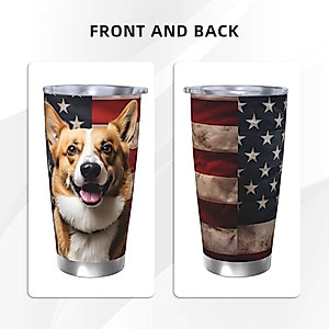 AYCZN American Flag Corgi 20 OZ Tumbler Stainless Steel Travel Coffee Mug, USA Flag Dog Insulated Water Bottle with Lid and Straws Leakproof Thermal Cup