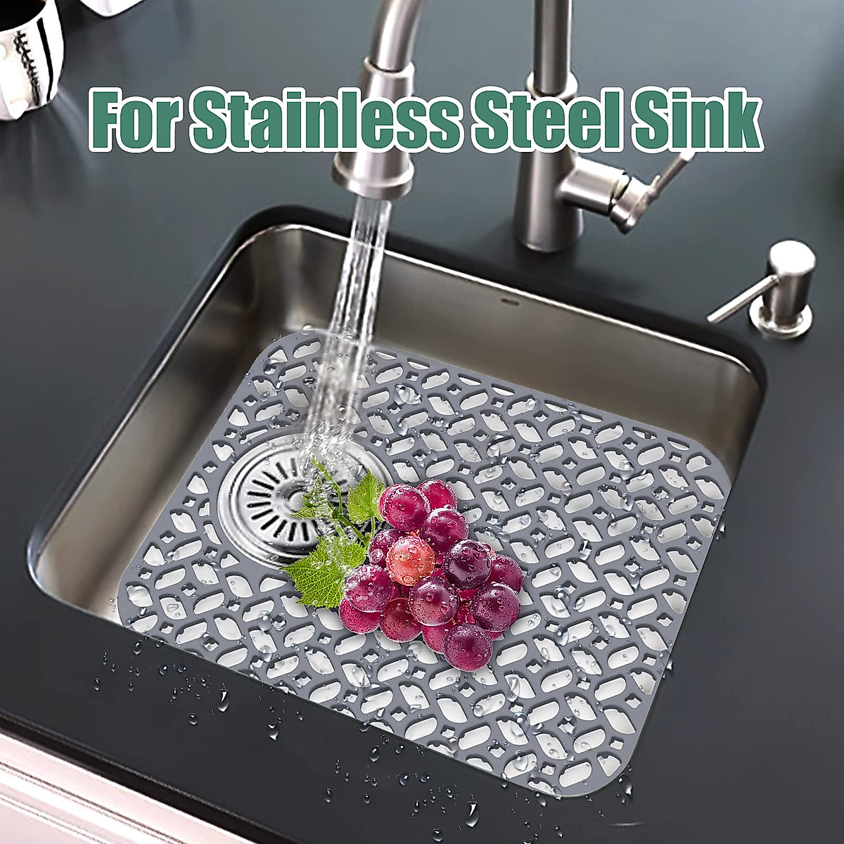 JUSTOGO Silicone Sink Protector, Rear Drain Kitchen Sink Mats Grid Accessory,2 PCS Folding Non-slip Sink Mat for Bottom of Farmhouse Stainless Steel Porcelain Sink (Grey,13.58 ''x 11.6 '')