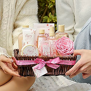 Spa Gift Baskets for Women Birthday Gift Sets 10 Pcs Cherry Blossom Essential Oil Spa Gift Sets with Handmade Weaved Basket Holiday Gifts for Christmas Thanksgiving Valentine's Day Gift Set for Women