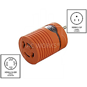 AC WORKS [AD515L1420] 15Amp Household Plug NEMA 5-15P to Generator 4 Prong 20Amp L14-20R (Two hots bridged)