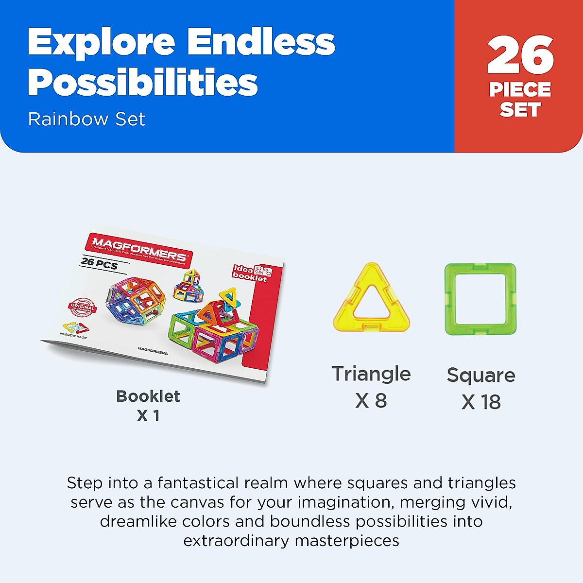 Magformers Rainbow 26PC Set | Magnetic Tiles Building Blocks, Educational STEM Toy Set | Magnetic Building Tiles for Kids to Develop Problem-Solving Abilities and Shape Recognition