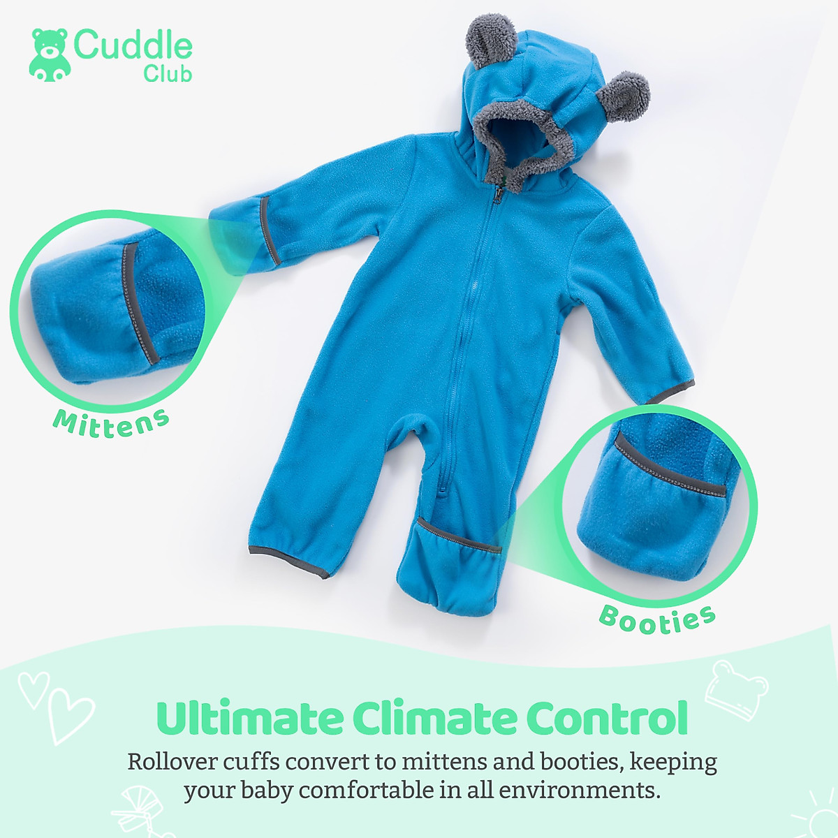 Fleece Baby Bunting Bodysuit – Infant One Piece Kids Hooded Romper Outerwear Toddler Jacket Bear - Blue 12-18 Months