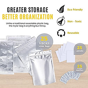 10 Mil Thick 25 pcs Mylar Bags 1 Gallon with Oxygen Absorbers 500CC, Resealable, Food Grade, Leak Proof, Air-Tight
