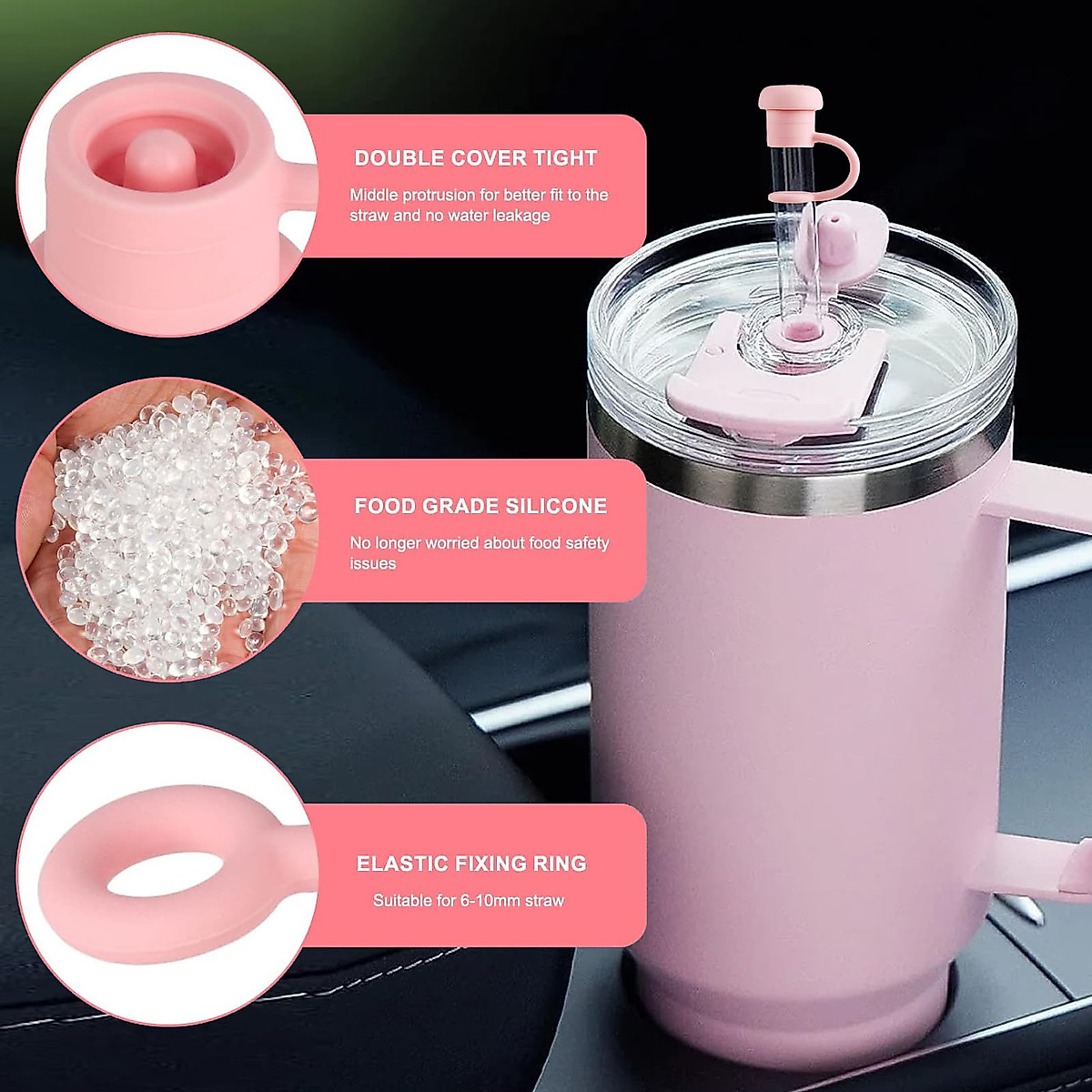 6 Pack Silicone Straw Cover Compatible with Stanley H2.0/1.0 Tumbler Cups All OZ, Reusable Drinking Straw Topper, Dust-Proof Straw Covers Cap for 6-10m/0.23-0.4inch Straws (2 Clear+2 white +2 pink)