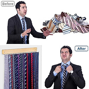 Tie Rack Wall Mounted, Natural Wood Tie Organizer Holds 20 Ties/Belt/Purse, Tie and Belt Organizer with/ 360° Rotatable Hooks,Screw Nail, Ideal for Installation on Wall、Door、Closet, 1 Pack, Natrual