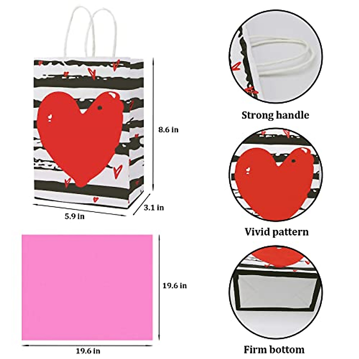 Tuzuaol 12 Pack Valentines Day Gift Bag with Tissue Paper for Kids Valentines Paper Goodie Bags with Handle for Wrapped Gifts Party Supplies