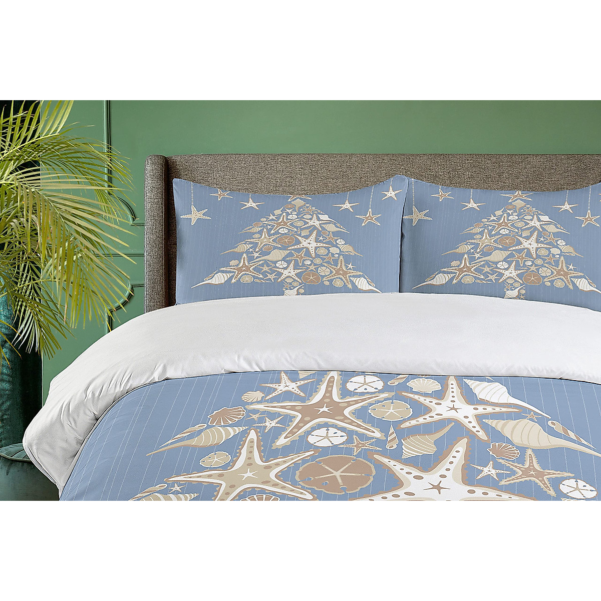 Ambesonne Christmas Duvet Cover Set, Nautical Elements Sea Life Theme with Noel Tree Winter Season, Decorative 3 Piece Bedding Set with 2 Pillow Shams, Queen Size, Beige Cream