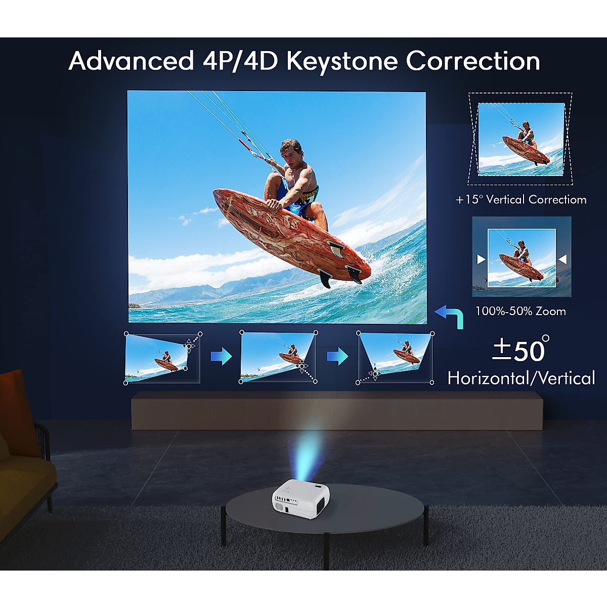 5G WiFi Bluetooth Projector 4K Supported, Xiaoya Full HD 15000L Mini Portable Projector, 300" Display 4P/4D Keystone Zoom 50% Office Outdoor Home Theater Projector Compatible w/iOS/Android/Win/TV/PS5