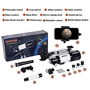 Timisea Kids Beginners Telescope, 70mm Aperture 300mm AZ Mount Astronomical Refracting Telescope, with Adjustable Tripod, Phone Adapter, Storage Bag