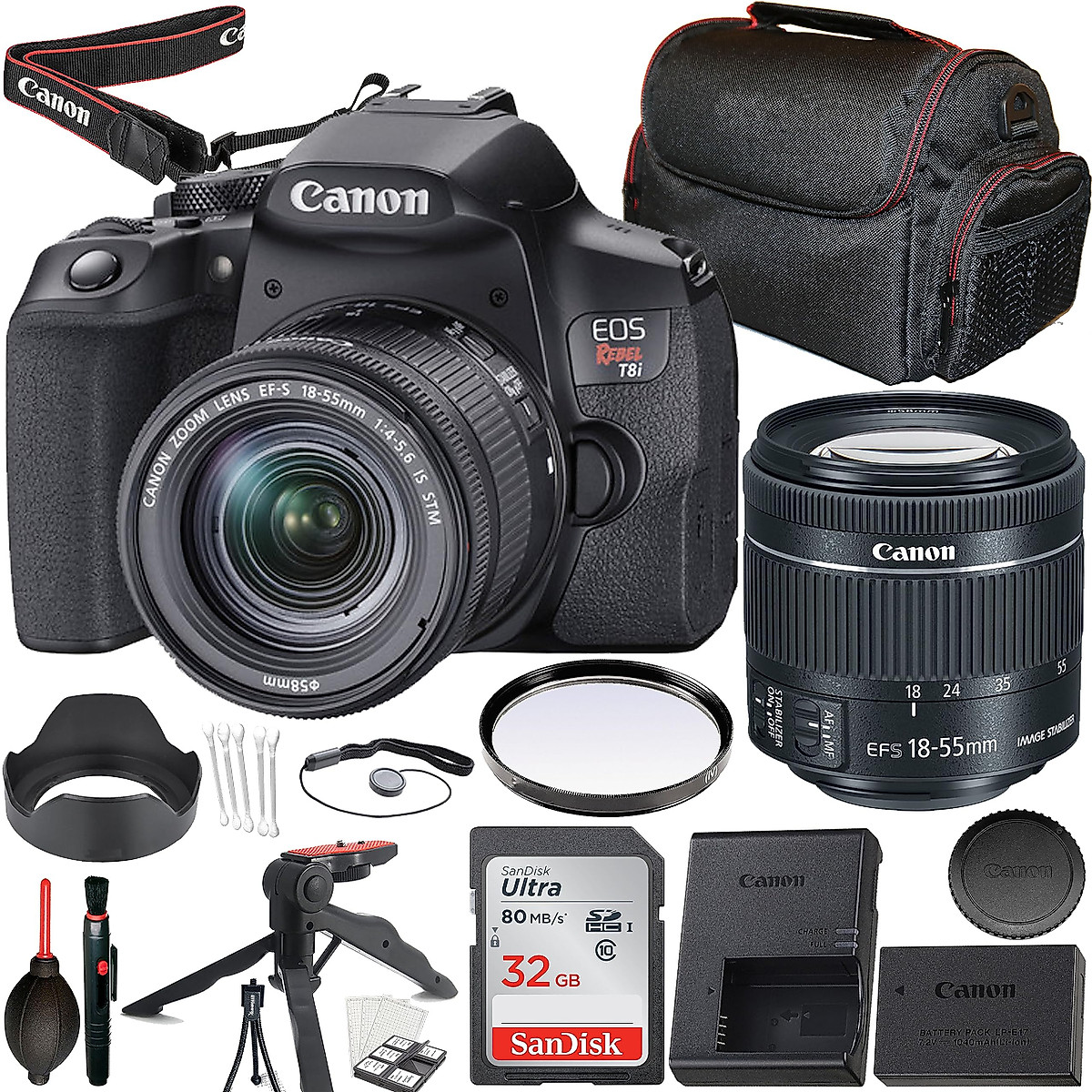 Canon EOS Rebel T8i / 850D DSLR Camera with EF-S 18-55mm f/4-5.6 is STM Lens + 32GB Memory Card + Tripod + Case + Cleaning Kit & More