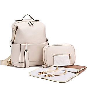 Diaper Bag Backpack for Mom Pu Leather Waterproof Multifunctional Large Capacity Travel Baby Bag with Changing Pad for Boy Girl Stroller Straps 2pcs White