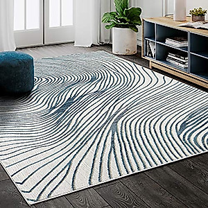 Abani Rugs Contemporary Wave Print 4' x 6' Rectangle Area Rug, Vista Collection - Modern Blue & White Turkish Accent Rug