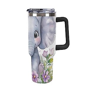 40 Oz Cute Baby Elephant Insulated Stainless Steel Tumbler with Handle & Straw Lid, Reusable Travel Cupholder Friendly Mug for Coffee, Water, Tea