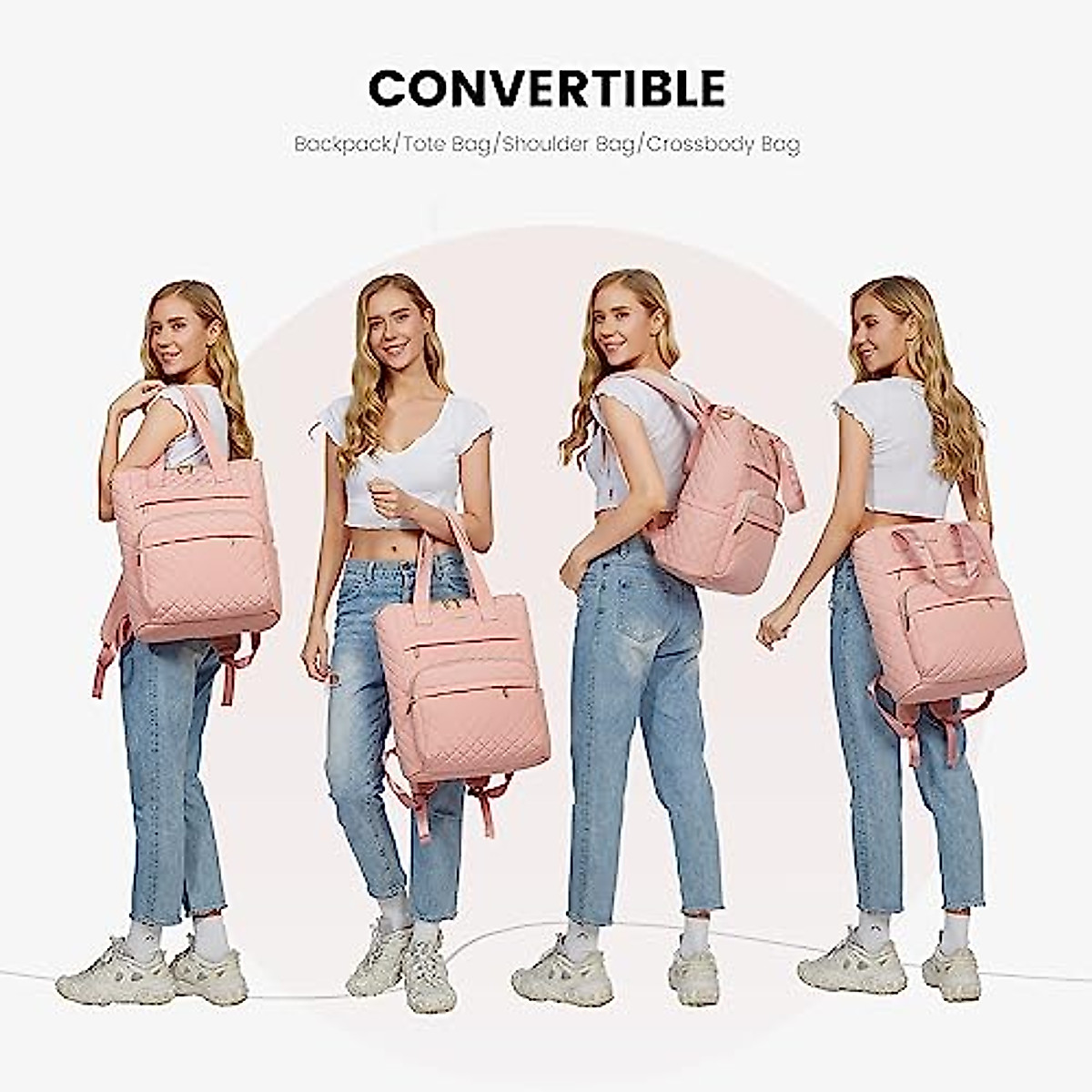 LOVEVOOK Laptop Backpack for Women 15.6 inch,Diamond Quilted Convertible Backpack Tote Laptop Computer Work Bag,Cute Womens Travel Backpack Purse College Teacher Carry on Back pack with USB Port,Pink