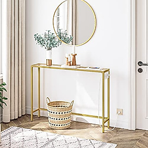 HOOBRO Gold Console Table, Tempered Glass Sofa Table, 39.4" Modern Entryway Table with USB Ports, for Entryway, Living Room, Foyer, Hallway GD01UXG01