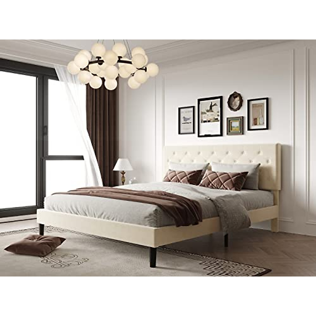 BONSOIR Queen Size Bed Frame Upholstered Low Profile Traditional Platform with Tufted Headboard/No Box Spring Needed/No Bed Skirt Needed/Soft Faux Velvet Upholstery/ Ivory