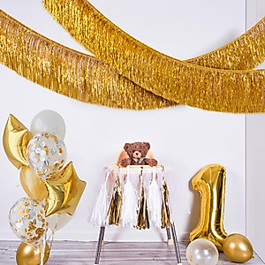 C＆B Gold Foil Fringe Garland Party Decorations, 6 Feet Gold Tinsel Metallic Glitter Banner, Hanging Gold Banner Table Skirt for Birthday Bride Bachelorette Engagement Retirement Christmas Party Decor