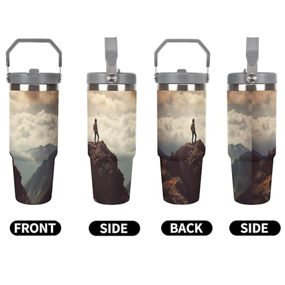 BWQJKUO Large Capacity Car Cup 30 Oz Stainless Steel Woman on A Top Mountain Printed Travel Mug Leak-proof Flip Straw Tumbler with Handle,keeps Cold Or Ho