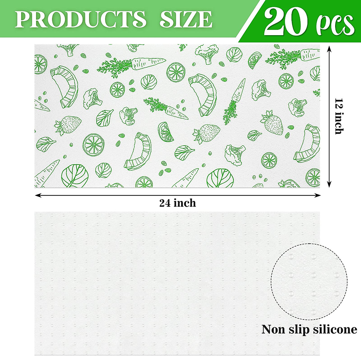 20 Pack Refrigerator Liners Absorbent Fridge Liner Veggie and Fruits Print Shelf Liner Non Adhesive for Kitchen Tray Sink Drawer Cabinet Wire Shelves Organizer Mat, 12 x 24 Inch (Fresh)