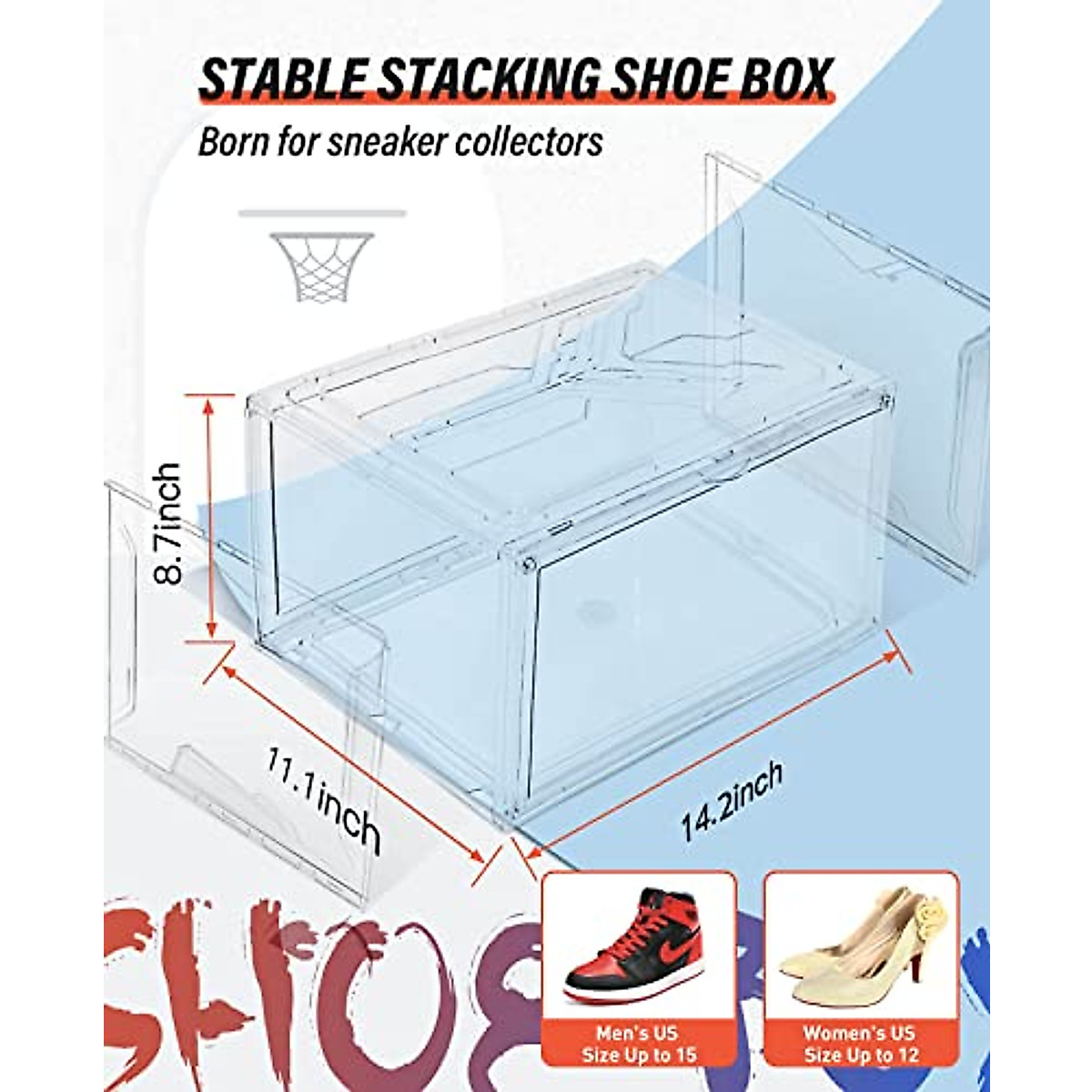 Shoe Boxes Clear Plastic Stackable 10 Pack Sneaker Storage Boxes with Magnetic Door, Acrylic Boxes for Display, Strong and Sturdy Fit Shoe Size Up to US 15