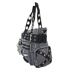 Lost Queen Striped Punk Rock Steampunk Purse with Handcuff Skull Charm (White), Medium