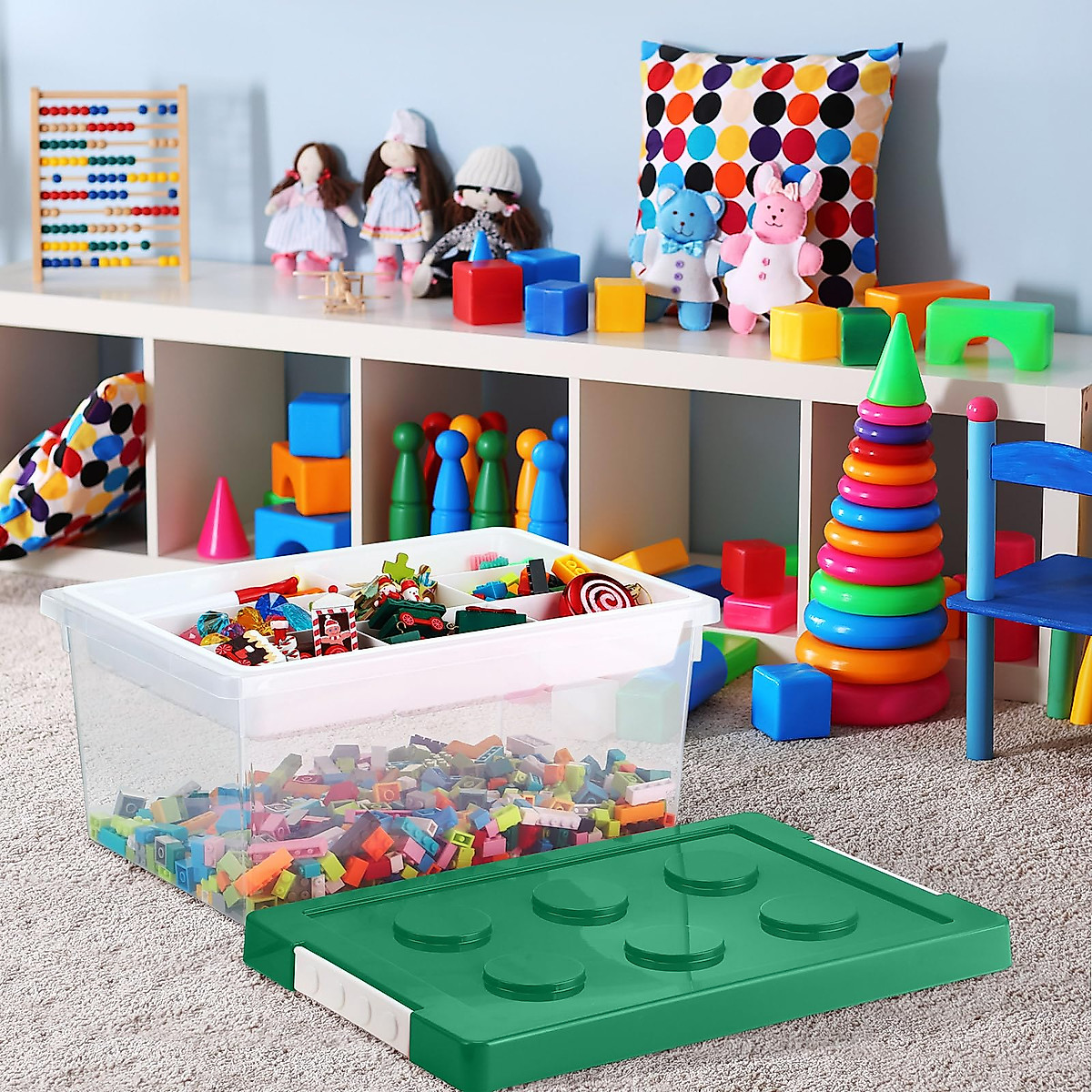 Leinuosen 32 QT Plastic Storage Box with Removable Tray Craft Organizer and Storage Clear Bins with Lids Art Supply Container for Kids Organizing Building Bricks Toys Bead Tool Sewing (Green)