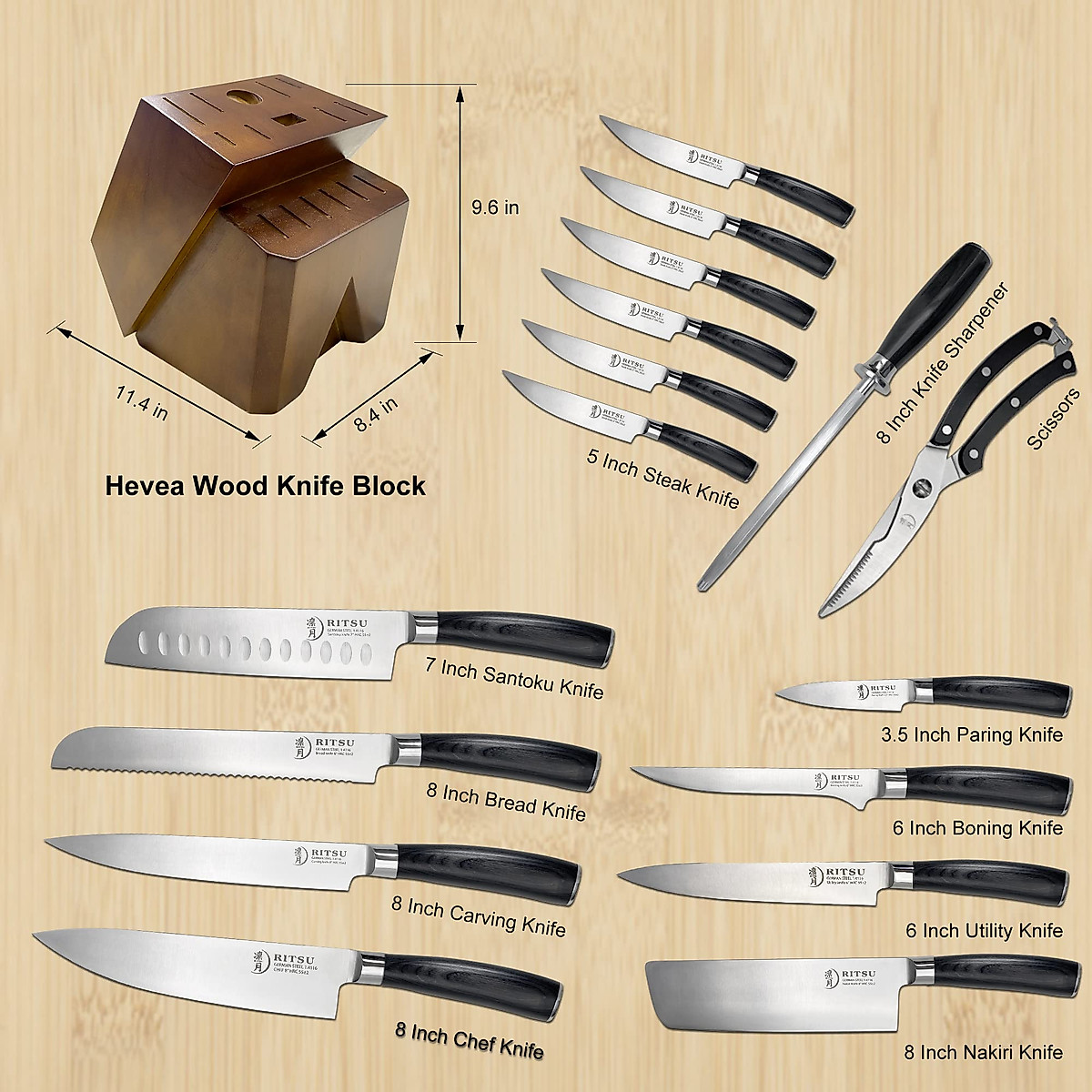 RITSU Knife Set, 17 Pieces Kitchen Knife Set with Block, 1.4116 German Steel knife set with sharpener, 6 Pieces Steak Knife Set, Professional Chef Knife Set & Scissor, Suitable for Home Kitchen