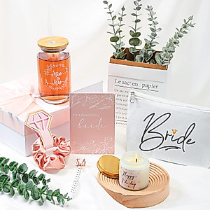 7 Pcs Bride Gifts Bridal Shower Gift Including Mrs Can Shaped Drinking Glass with Straw Bride Makeup Bag Crystal Pen Scented Candle Scrunchies Raffia Wedding Card Gift Box for Bridal Shower (Pink)