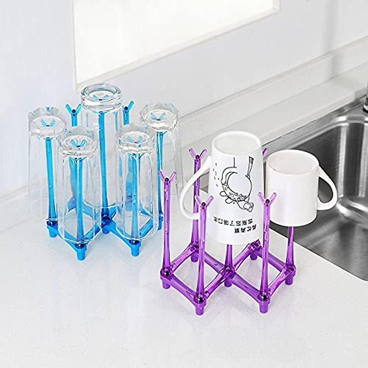 DD-life 3 Pcs Drying Holder Retractable Cup Drying Rack Drinking Glass Holder Stand Plastic Bag Dryer and Mug Tree Cup Stand Tray Holder (1Blue，1Green，1Purple