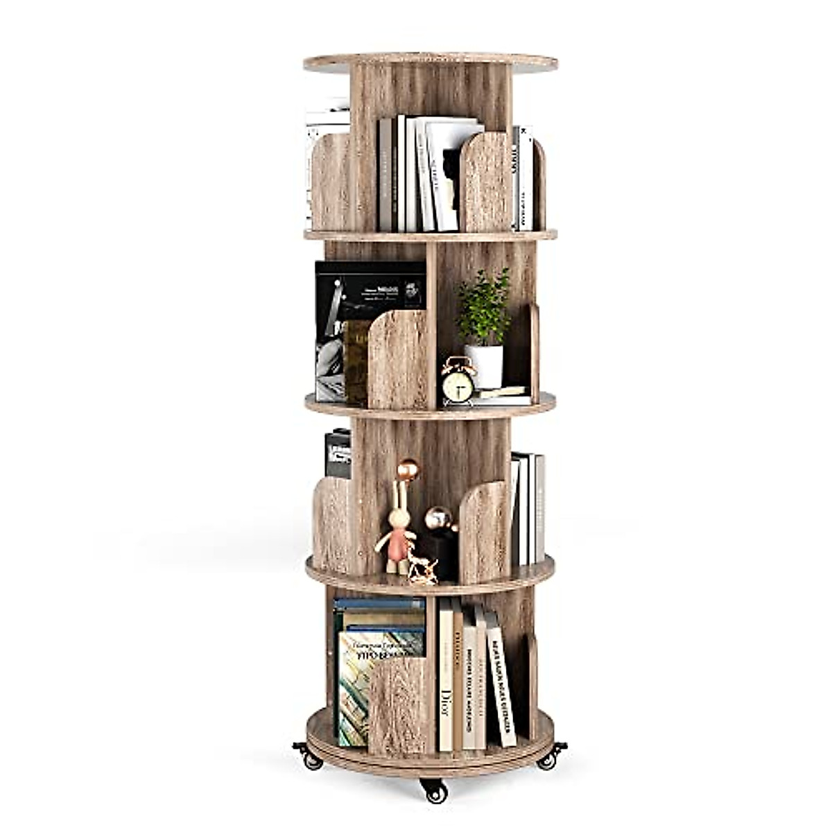 Nidouillet Rotating Bookshelf, 4 Tier Revolving Bookcase with Brake Wheels 360° Display Round Bookshelf Narrow Swivel Corner Book Shelf Standing Bookcase Adult Bedroom, Living Room - Oak Grey