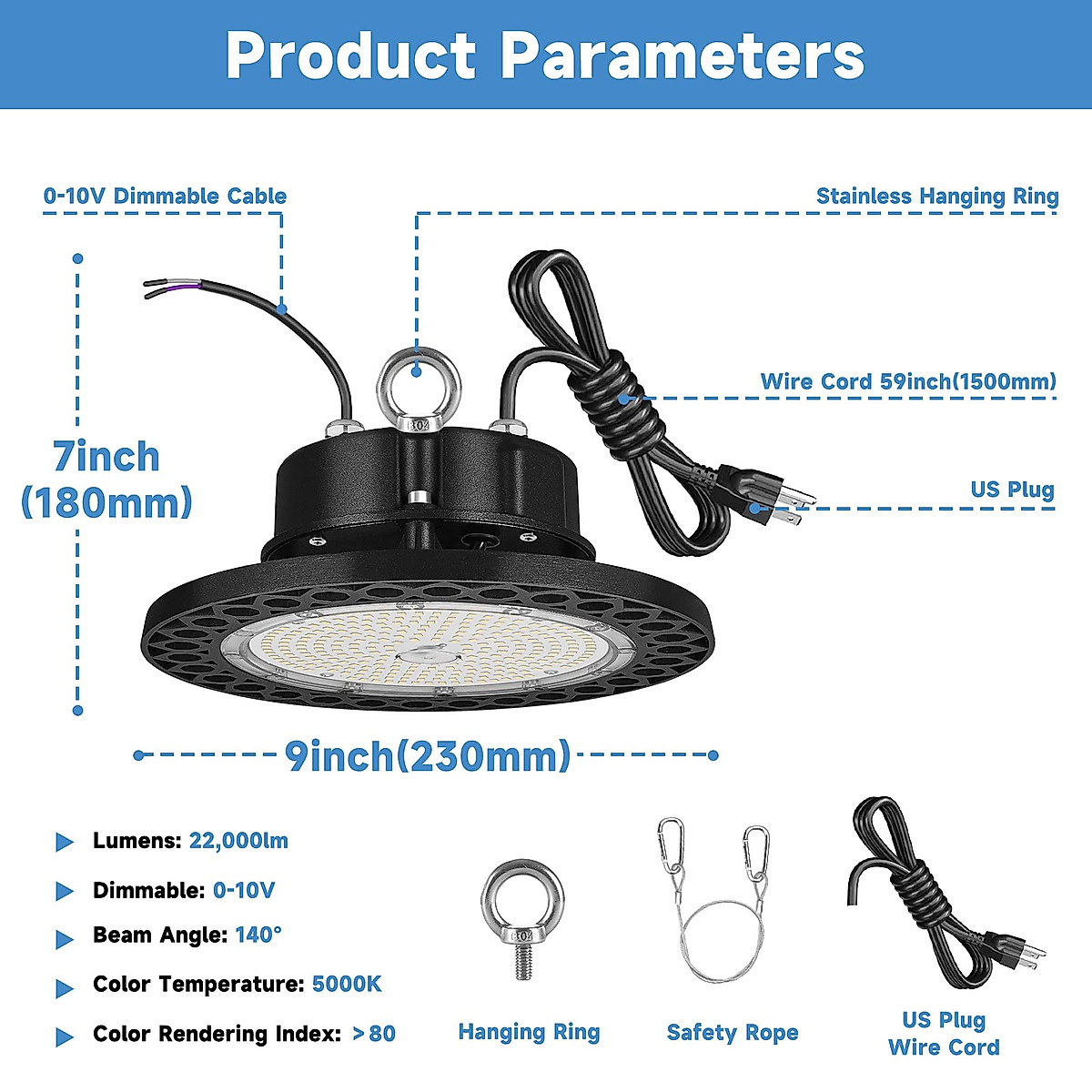 LED High Bay Light, 150W 22,000lm 5000K 0-10V Dimmable US Hooks LED Garage Light UFO Commercial LED Shop Light for Workshop Gym Factory Warehouse