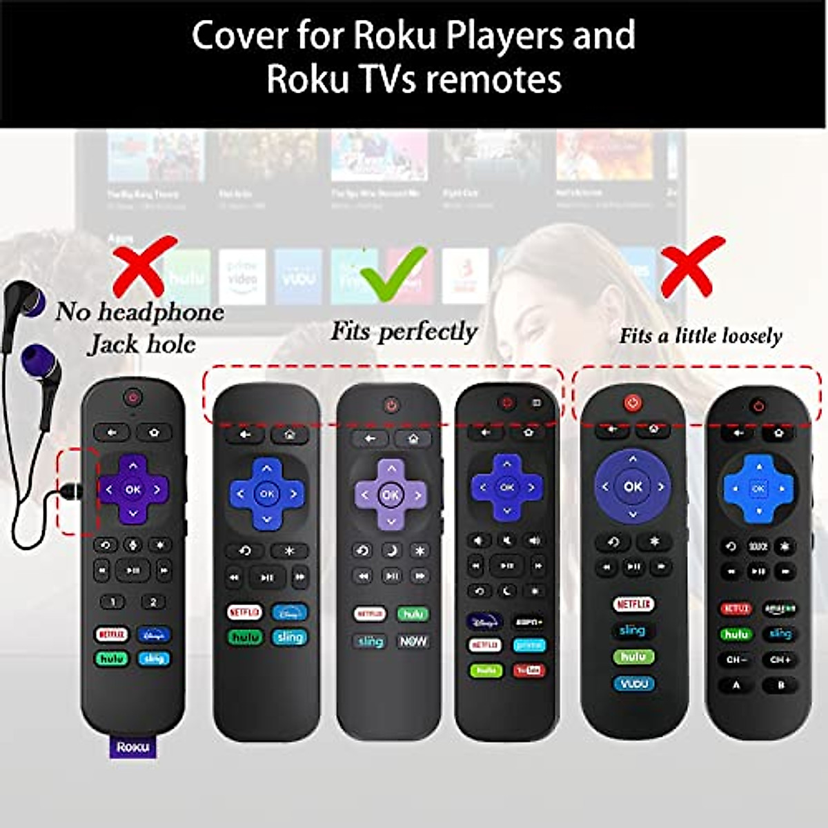 5 Pack Remote Case for Roku, Battery Cover for TCL Roku Smart TV Steaming Stick Remote, Roku TV Remote Cover Silicone Protective Controller Universal Sleeve Skin Glow in the Dark Green Blue Purple Red