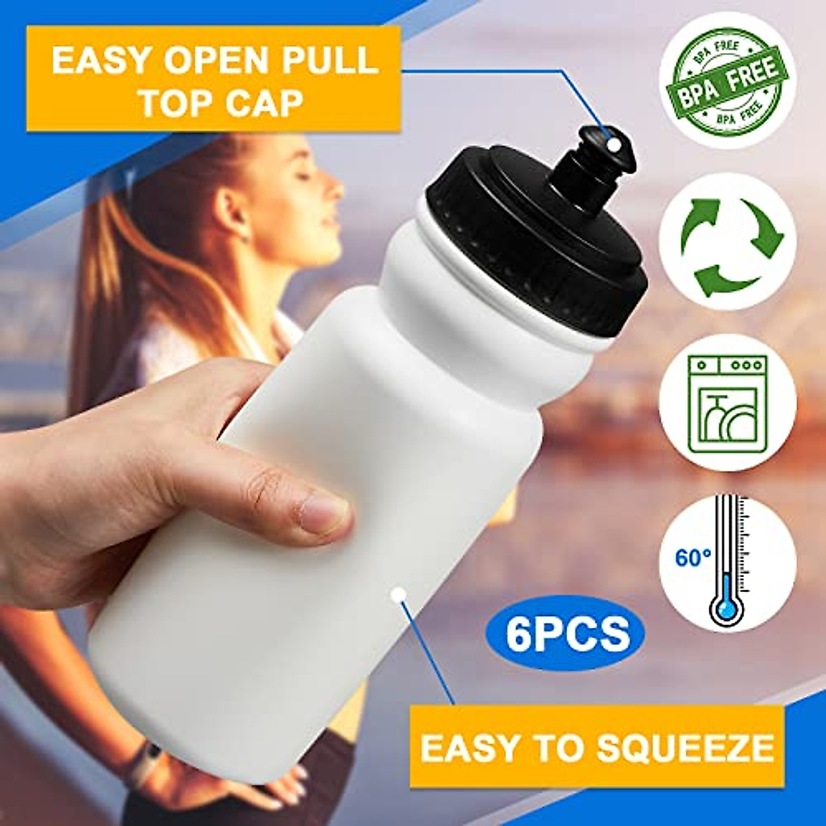 Water Bottle Carrier with 6 Bottles 20 oz Wide Mouth Water Bottles Plastic Sports Water Bottle Squeeze Water Bottles with Black Lid Team Water Bottles with Carrier for Fitness Bike Gym (White)