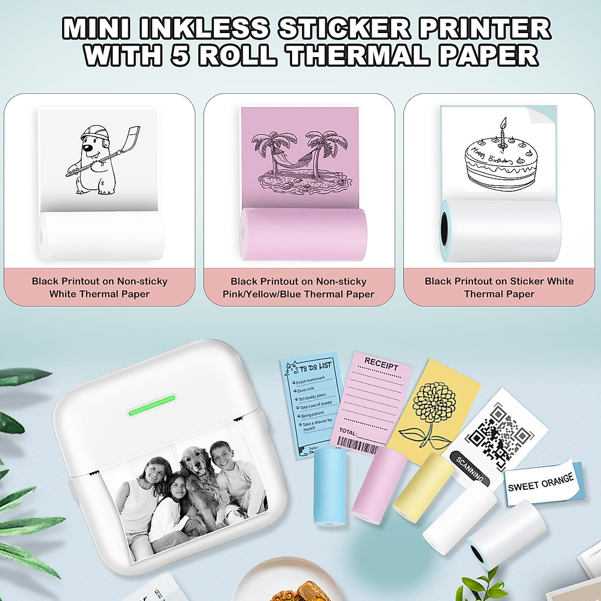 Inkless Sticker Printer, Mini Pocket Printer with 5 Rolls Printing Paper for Android or iOS APP, Portable Bluetooth Inkless Printer Gift for Kids, Thermal Printer for Photo Journal Notes Memo