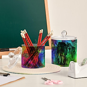 OTVEE Set of 2 Abstract Colorful Planet Universe Cotton Swab Holder Plastic Qtip Bathroom Container for Floss Apothecary Jar