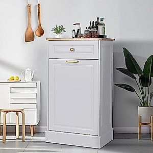 Scurrty 20.5'' Wooden Tilt Out Trash Can Cabinet for Kitchen Island,Tilt Out Bin for Trash Disposal Recycling, Handmade Solid Wood Hideaway Trash Holder for Laundry Hamper with Drawer (White, Single)