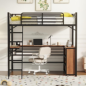 Twin Size Metal Loft Bed with L-Shaped Desk,Heavy Duty Metal Loft Bed with 3 Tier Shelves for Kids Teens Adults,High Loft Bed Frame, Space Saving(Twin,Black)