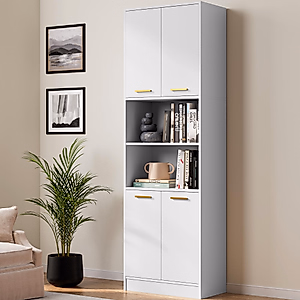 Kitchen Pantry Storage Cabinet 75" Tall 4 Doors Wood Freestanding Cupboard with Open Countertop and Adjustable Shelves Utility Hutch Cabinet for Dining Room Living Room Laundry Bathroom, White